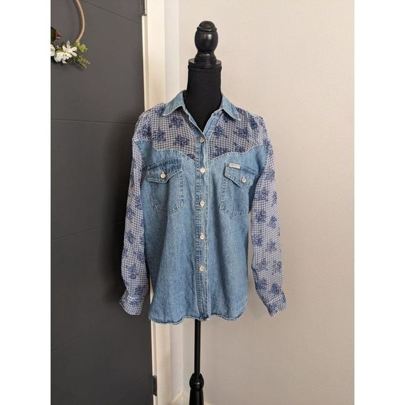 R*Rodeo | Tops | Vintage Rrodeo Denimand Chiffon Pearl Snap Medium Made ...